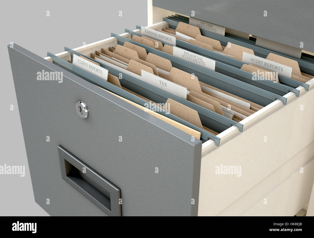 A 3D render closeup view of an open filing cabinet drawer revealing ...