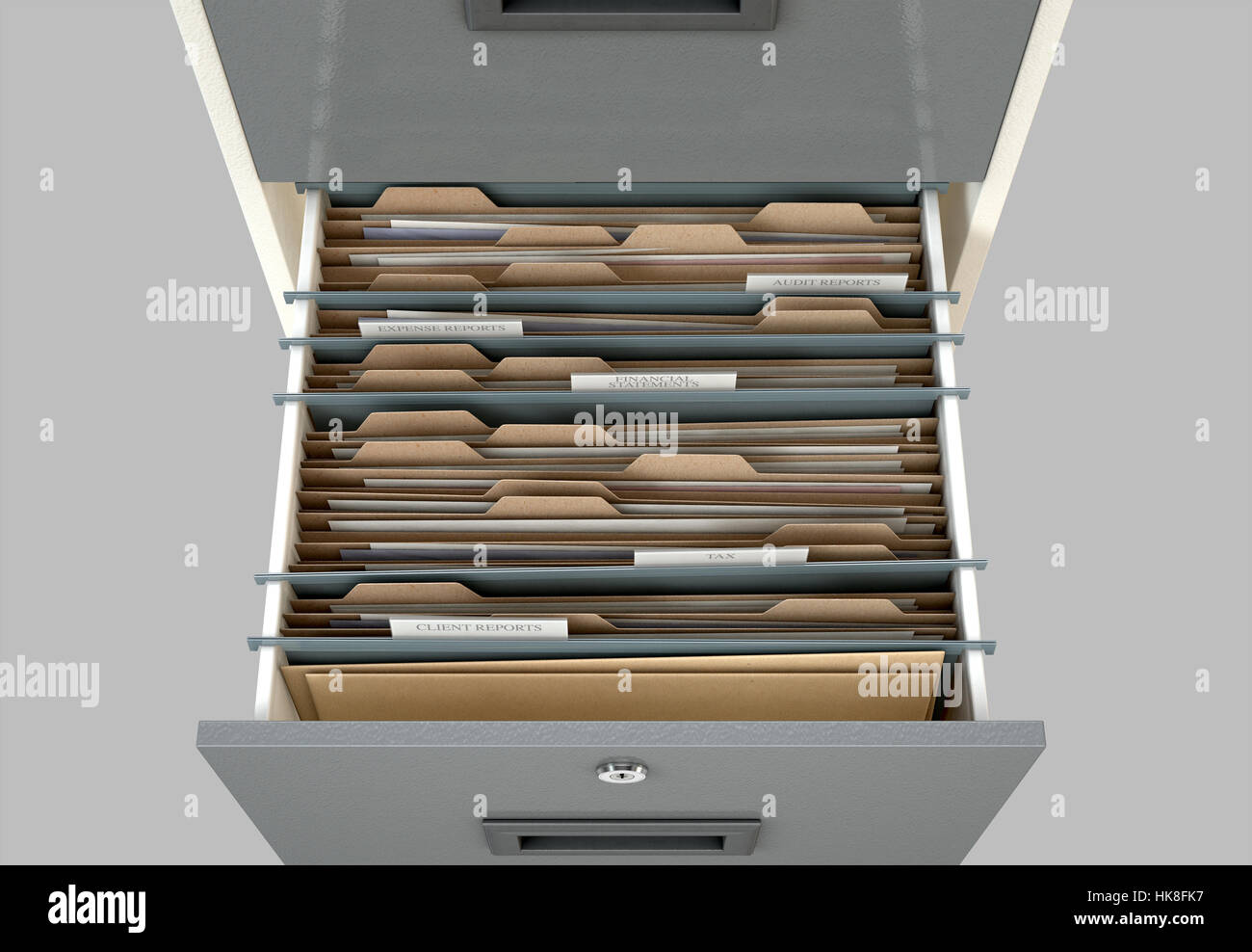 A 3D render closeup view of an open filing cabinet drawer revealing ...