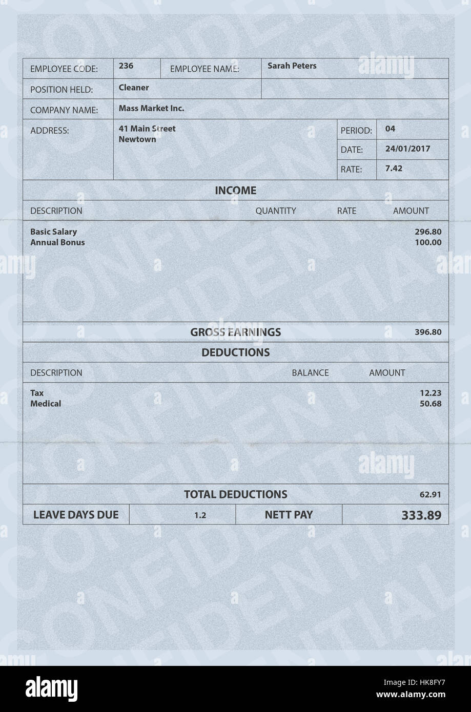 A 3D render showing a fictitious paycheck with a huge nett pay Stock ...