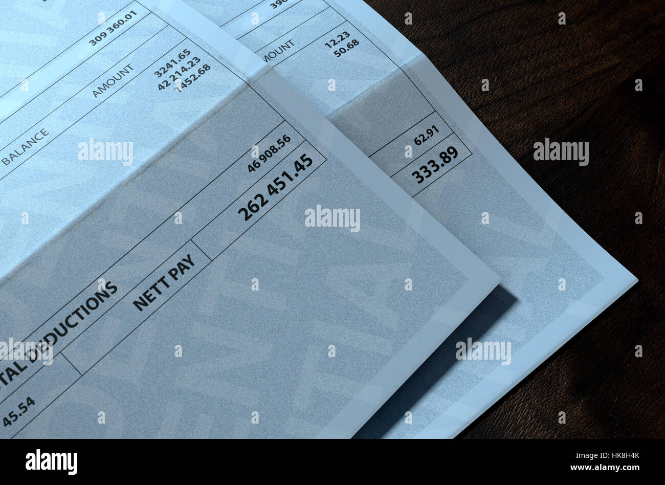 A 3D render concept showing two fictitious paychecks with a huge ...