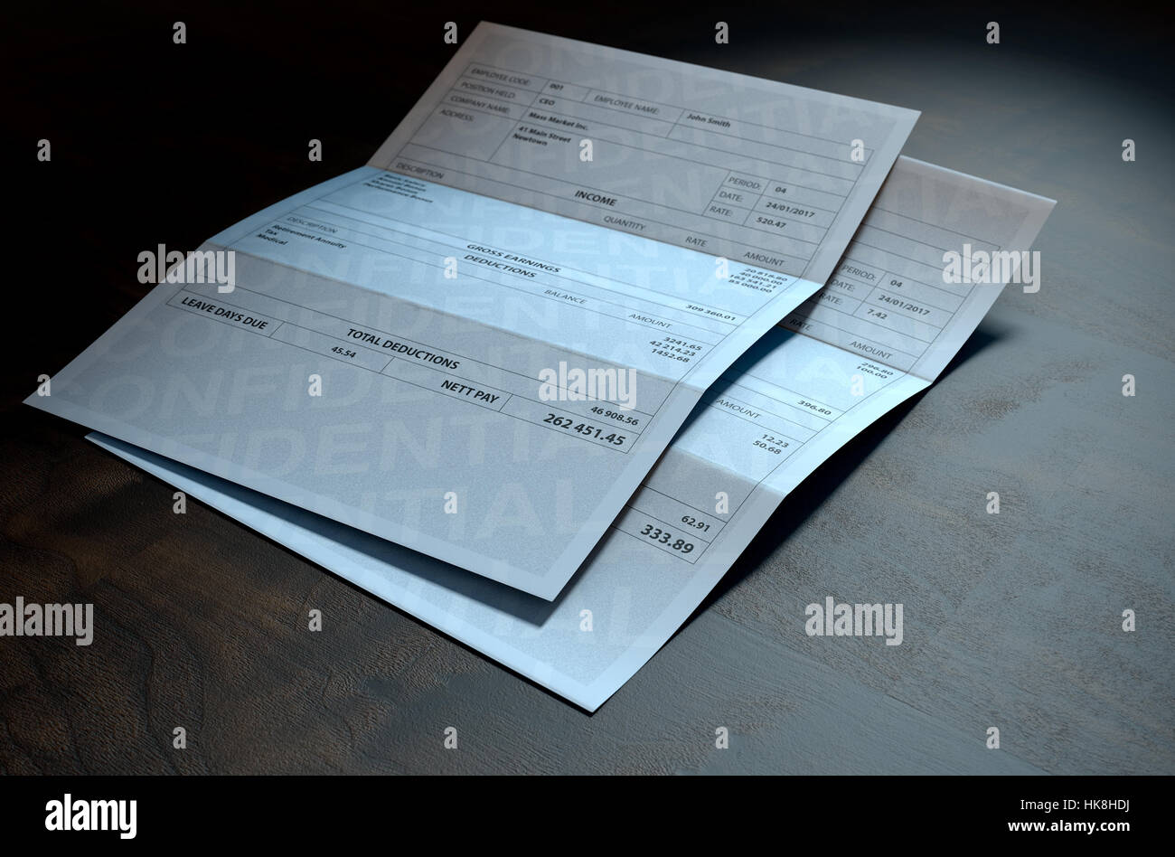 A 3D render concept showing two fictitious paychecks with a huge ...