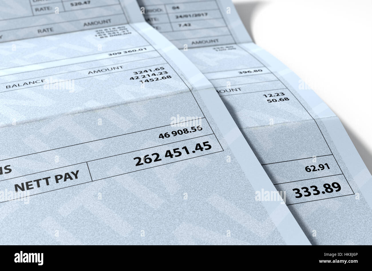 A 3D render concept showing two fictitious paychecks with a huge ...