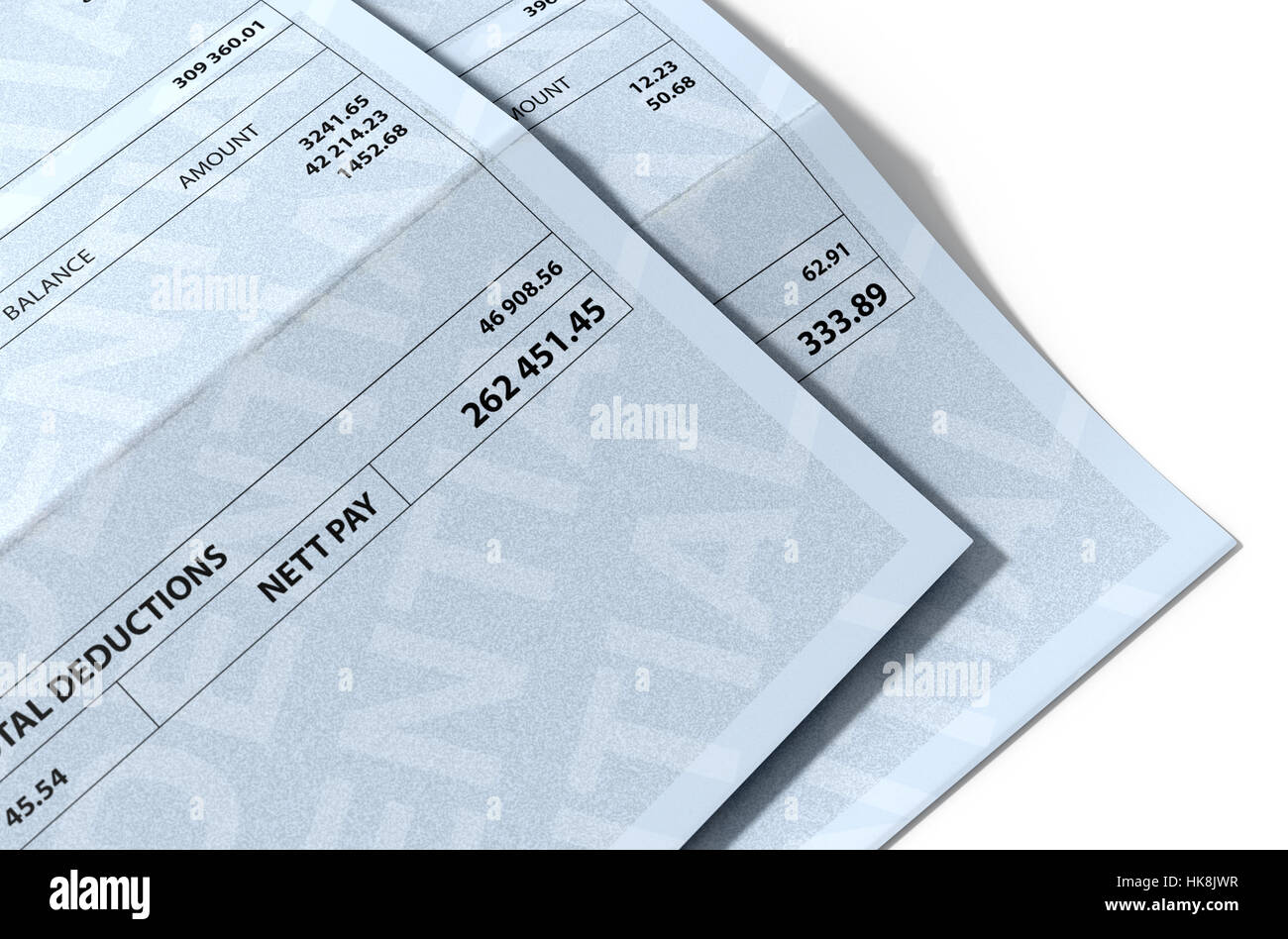 A 3D render concept showing two fictitious paychecks with a huge ...