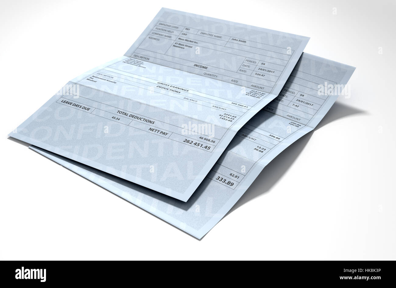 A 3D render concept showing two fictitious paychecks with a huge ...