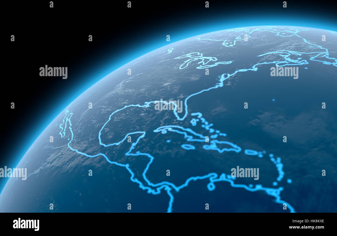 A 3D render of planet earth with illuminated blue outlines of ...