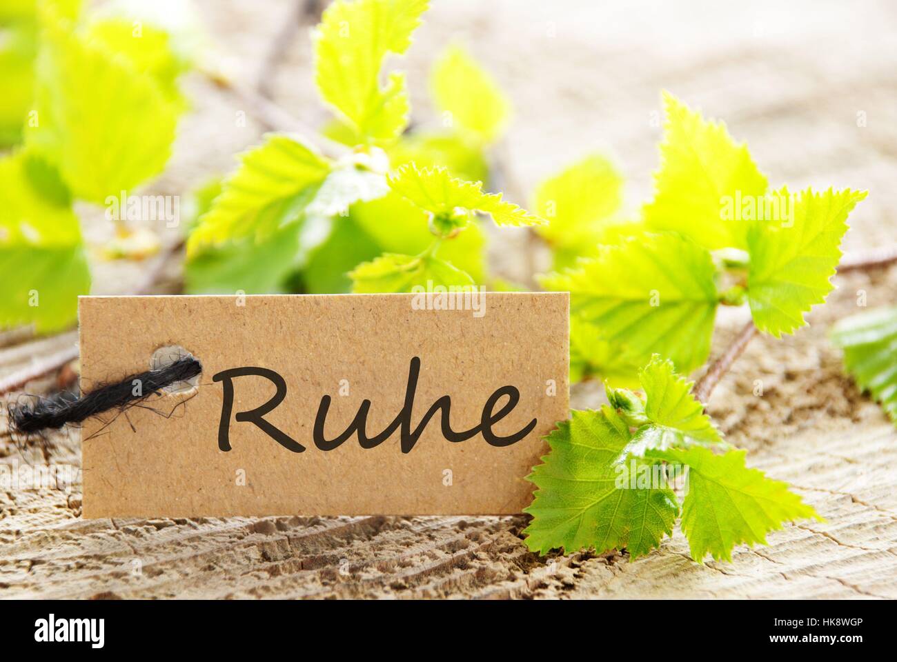 a natural looking label with green leaves and wood as background, with ...