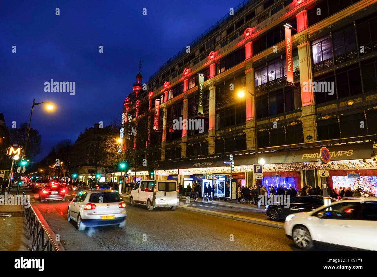 Exterior of Au Printemps department store at night, Paris, France Stock ...