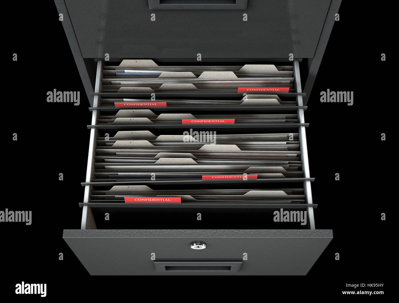 A 3D render closeup view of an open filing cabinet drawer revealing confidential related ...