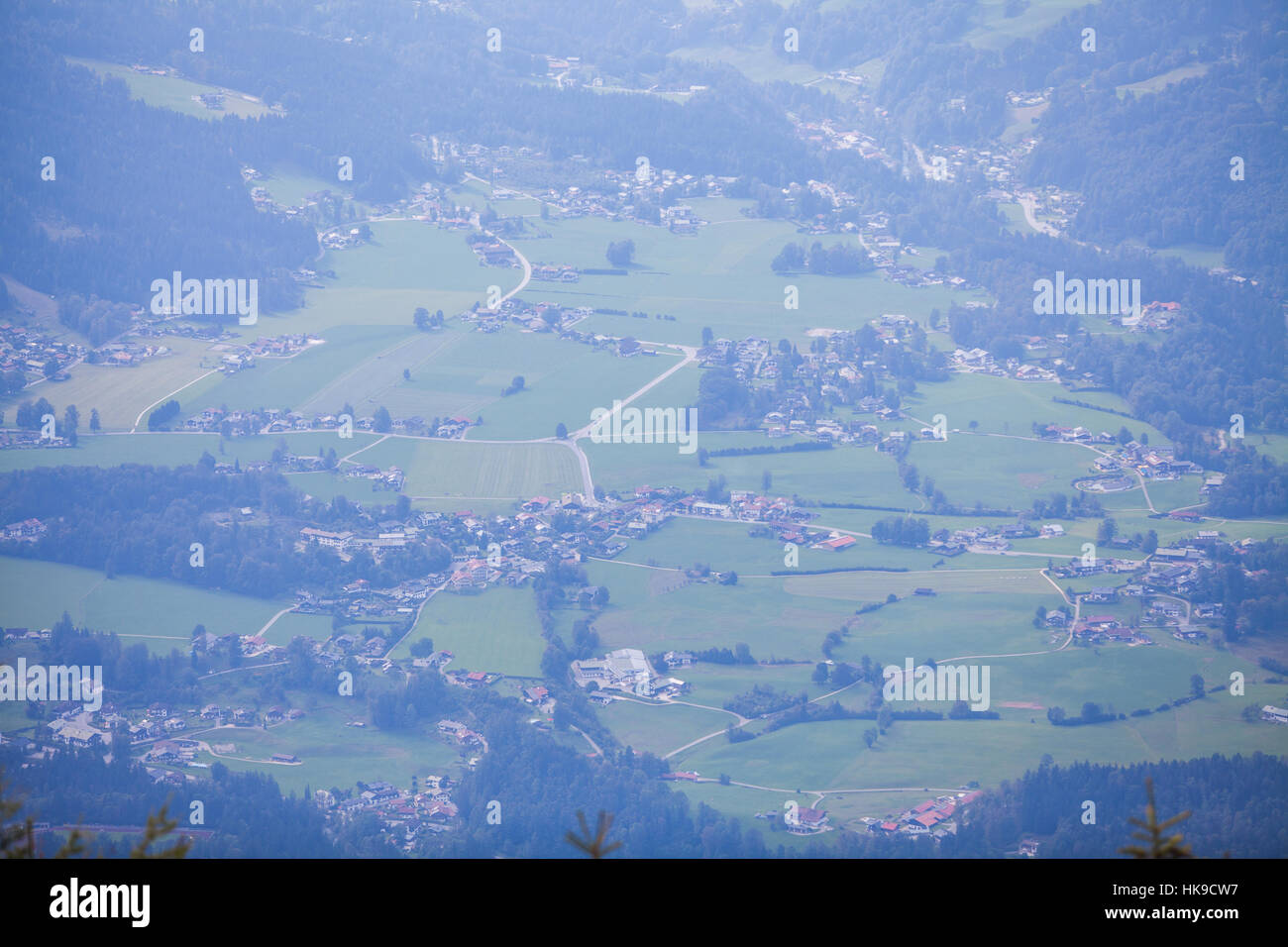 Aerial view of a mountain village in the Alps mountains, in Austria ...