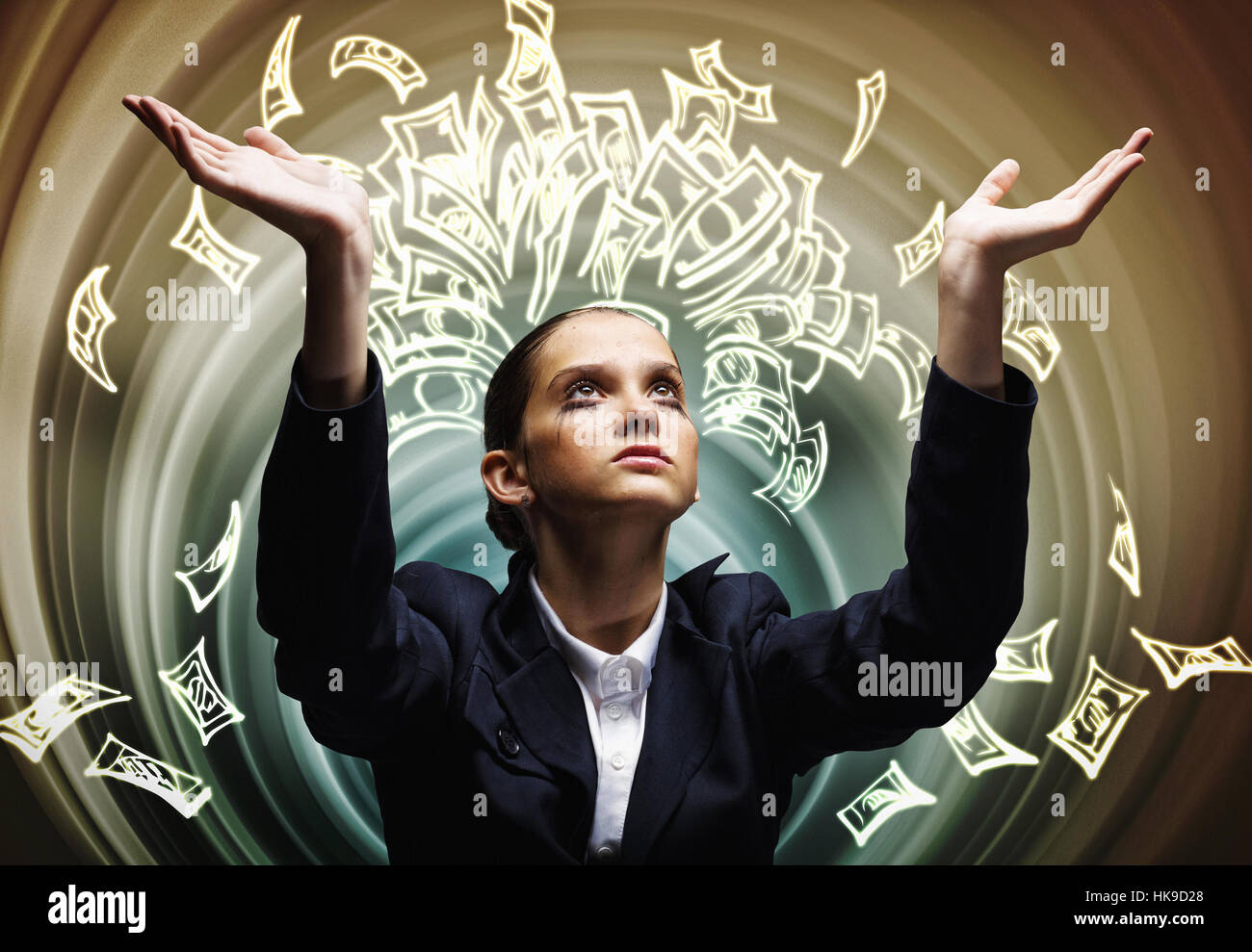 Young crying businesswoman praying on dollar symbol Stock Photo - Alamy