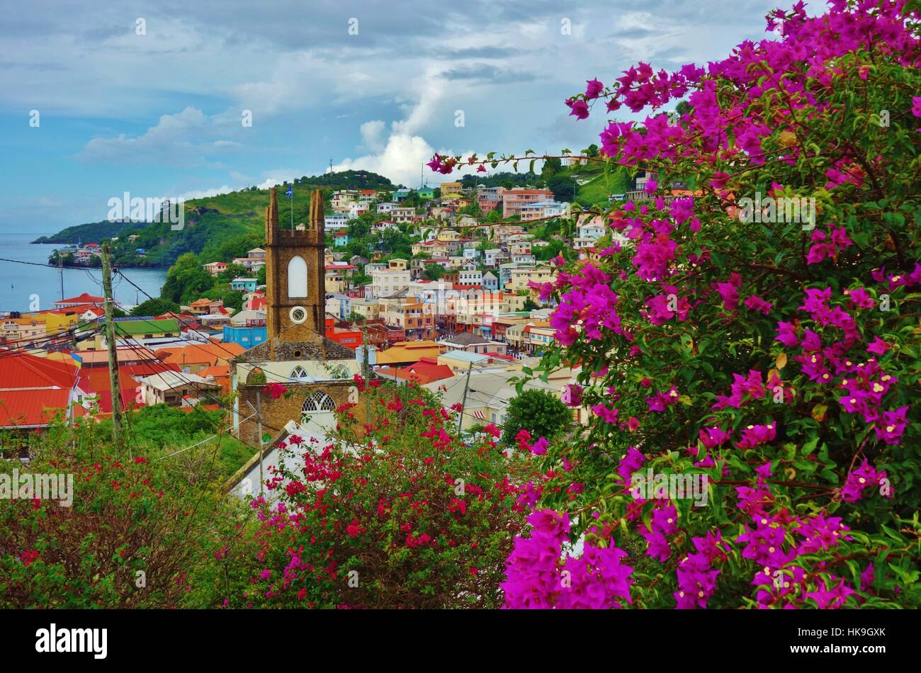 Landscape view of the colorful port of St George's, the capital of the ...