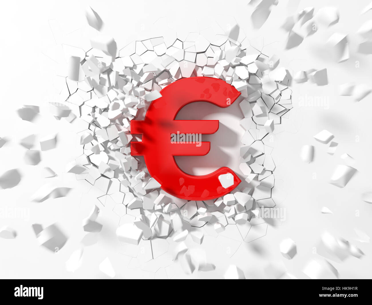 Red euro symbol hitting to wall and flying pieces around Stock Photo ...