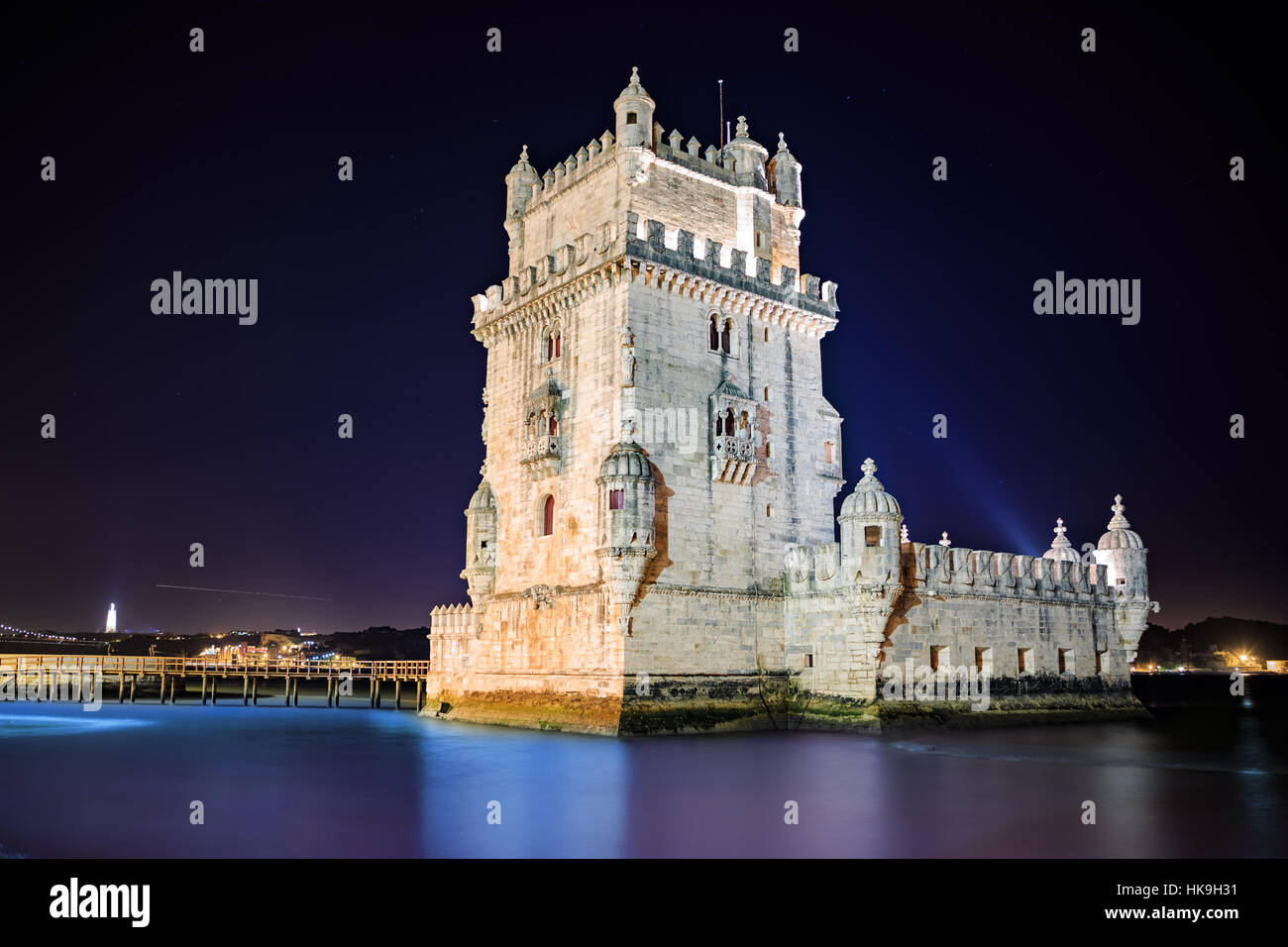 The Torre de Belem castle in Belem near Lisbon by night, Portugal Stock ...