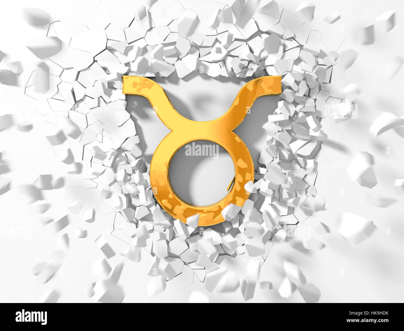golden taurus symbol hitting to wall and flying pieces around Stock ...