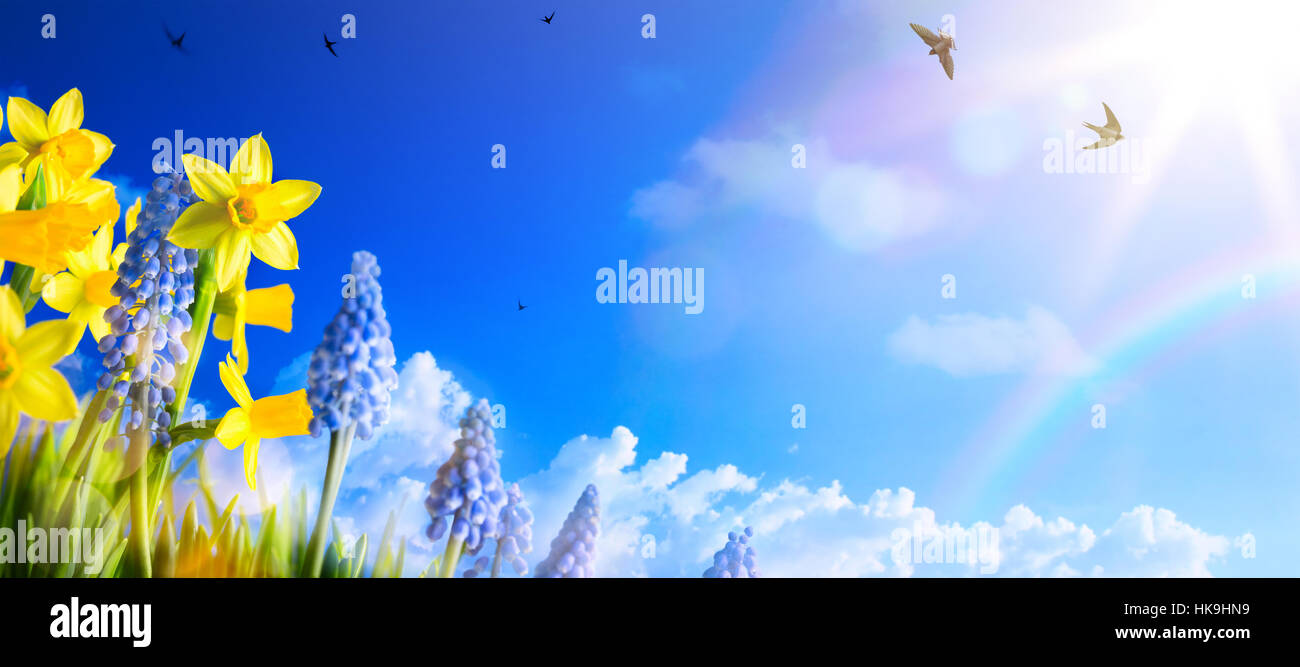 Happy Easter; Spring landscape background with fresh spring flowers ...