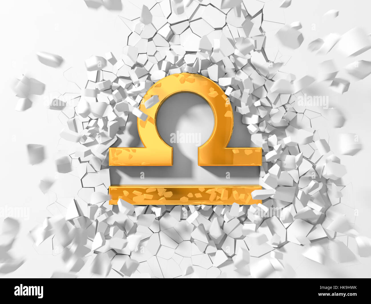 golden libra symbol hitting to wall and flying pieces around Stock ...