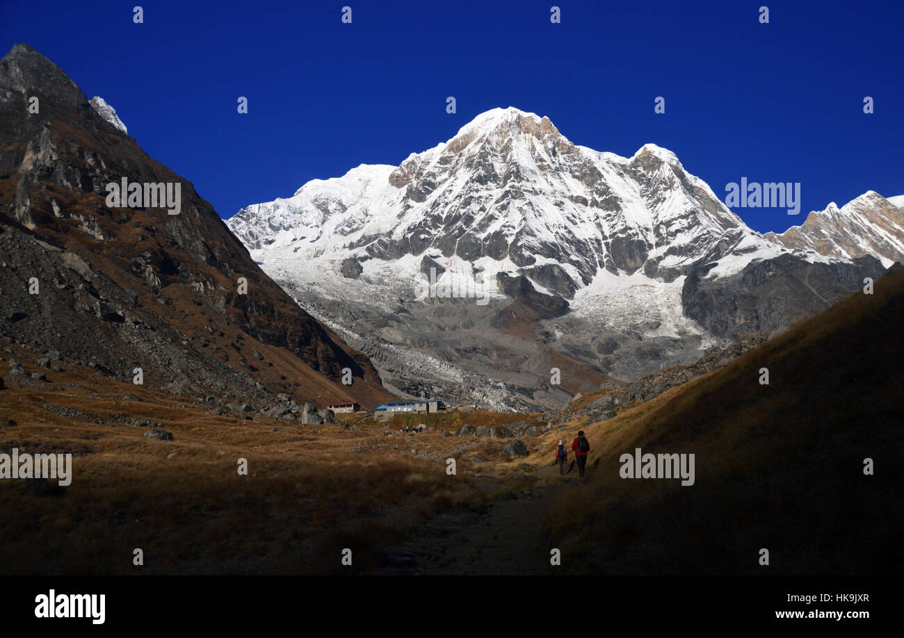 Two Trekkers Walking Towards Annapurna Base Camp (ABC) from ...