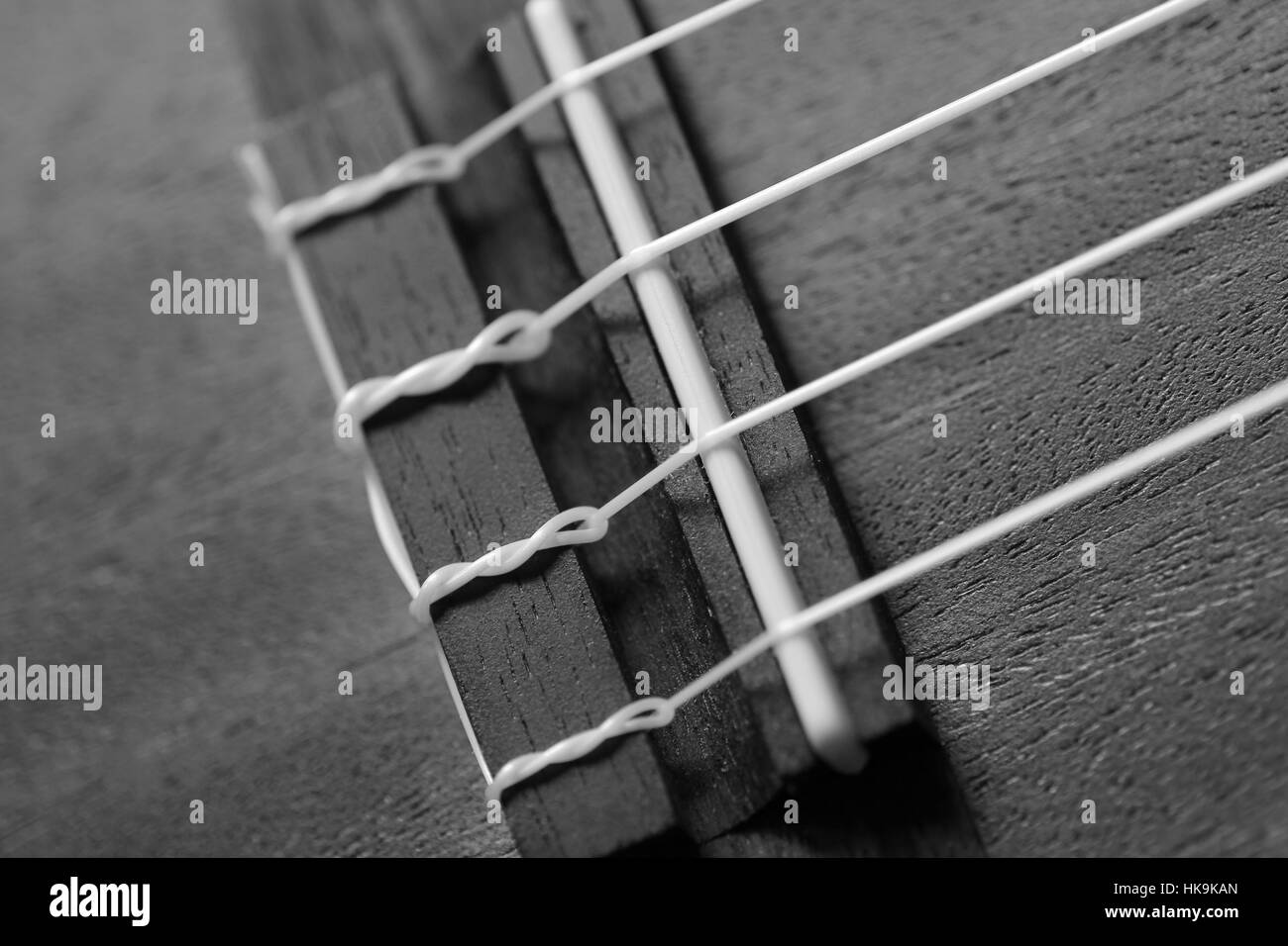 Close Up Ukulele strings tied to bridge Stock Photo - Alamy