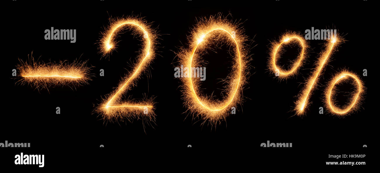 Minus 20 % lettering drawn with bengali sparkles isolated on black ...