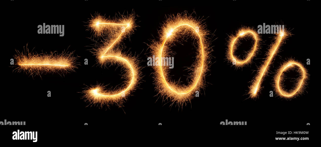 Minus 30 % lettering drawn with bengali sparkles isolated on black ...