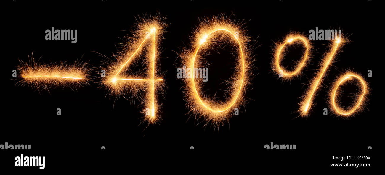 Minus 40 % lettering drawn with bengali sparkles isolated on black ...