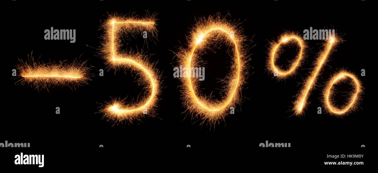 Minus 50 % lettering drawn with bengali sparkles isolated on black ...
