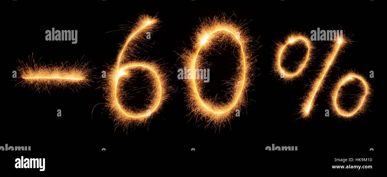 Minus 60 % lettering drawn with bengali sparkles isolated on black ...