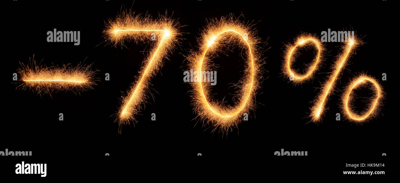 Minus 70 % lettering drawn with bengali sparkles isolated on black ...