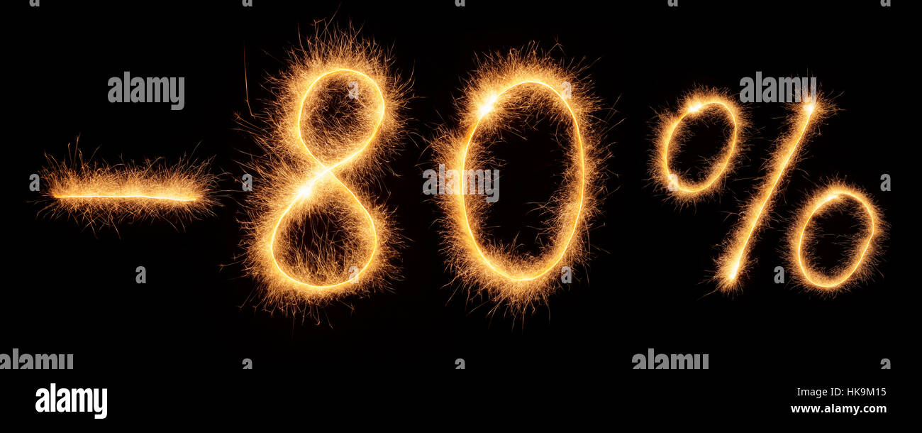 Minus 80 % lettering drawn with bengali sparkles isolated on black ...