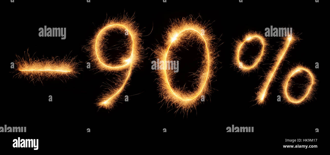 Minus 90 % lettering drawn with bengali sparkles isolated on black ...