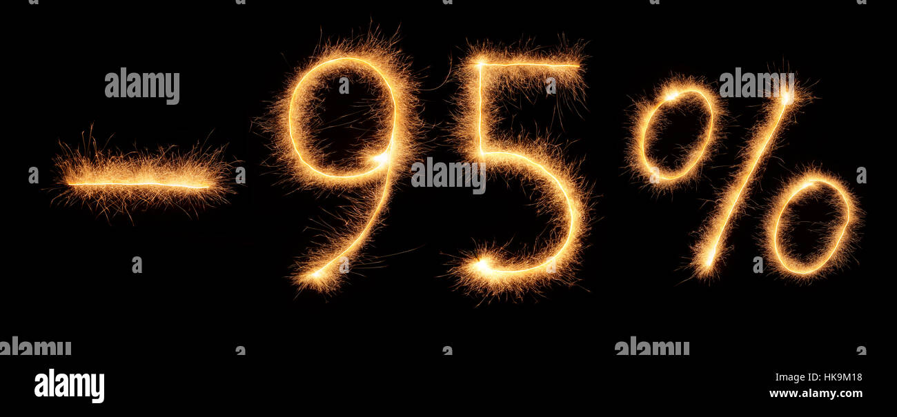 Minus 95 % lettering drawn with bengali sparkles isolated on black ...