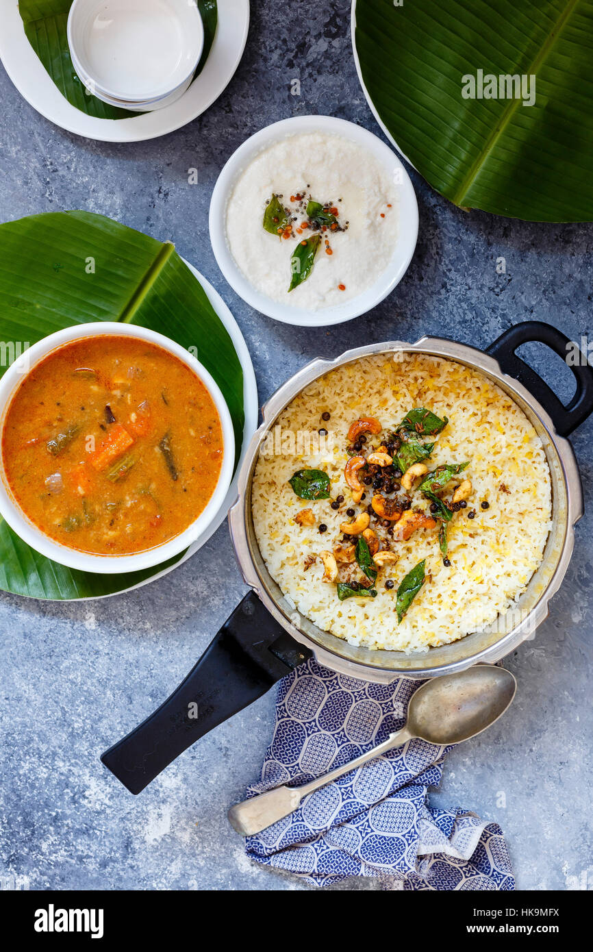 South Indian Breakfast Dish, Ven Pongal served with Sambar and Coconut ...