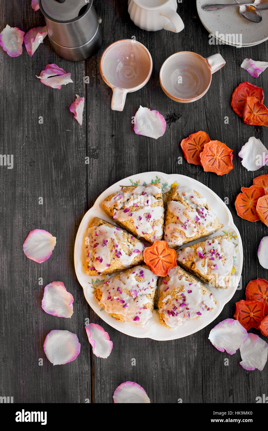 Persimmon Rose Scones served with espresso. Photographed from top view ...