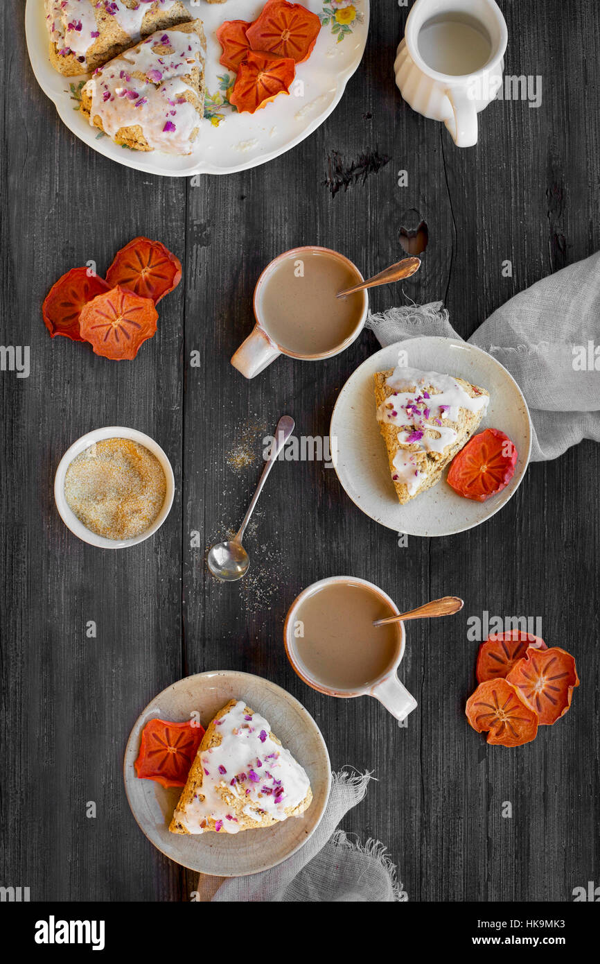 Persimmon Rose Scones served with espresso. Photographed from top view ...