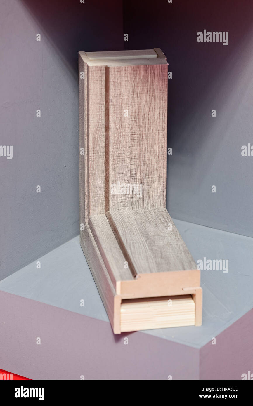 cross-section of wooden frame for the window, note shallow depth of ...