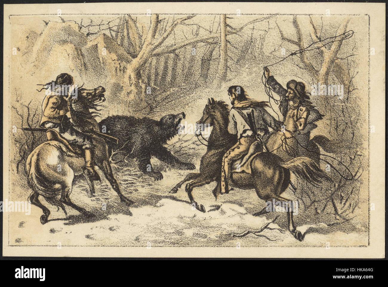 Three men on horses hunting a bear, one with a noose Stock Photo - Alamy