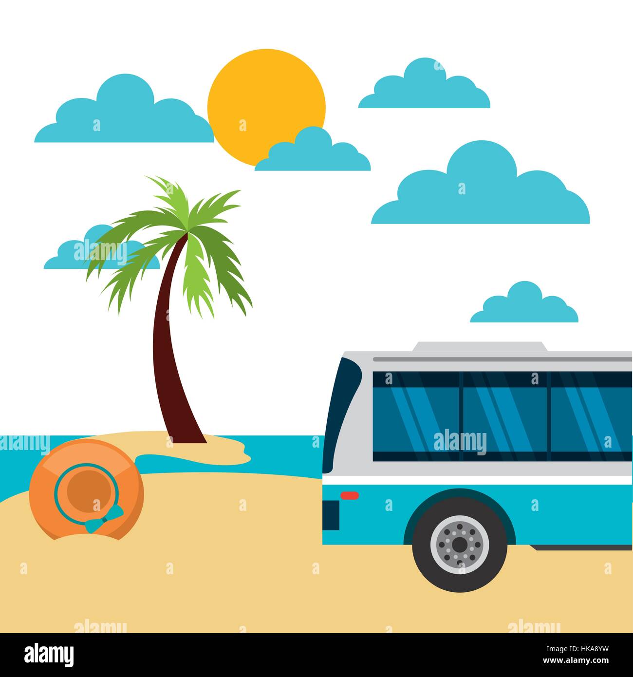bus and hat on the beach. colorful design. travel and tourism concept ...