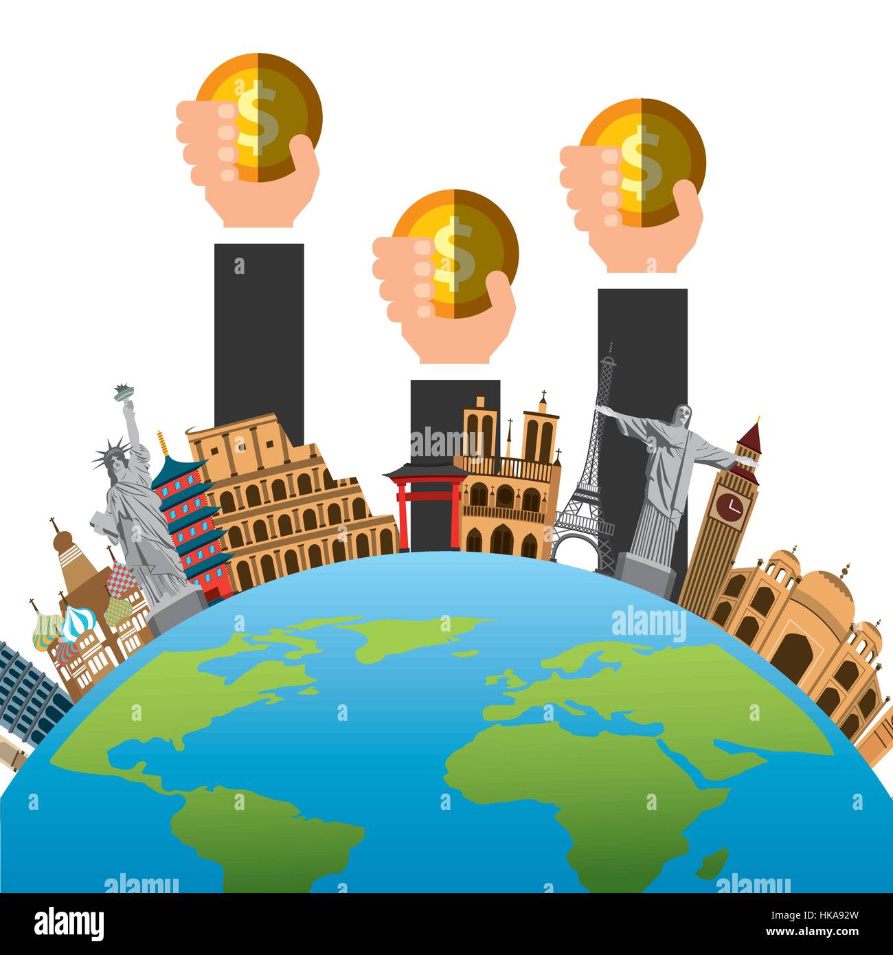 earth planet with iconic monuments of the world around and hands ...