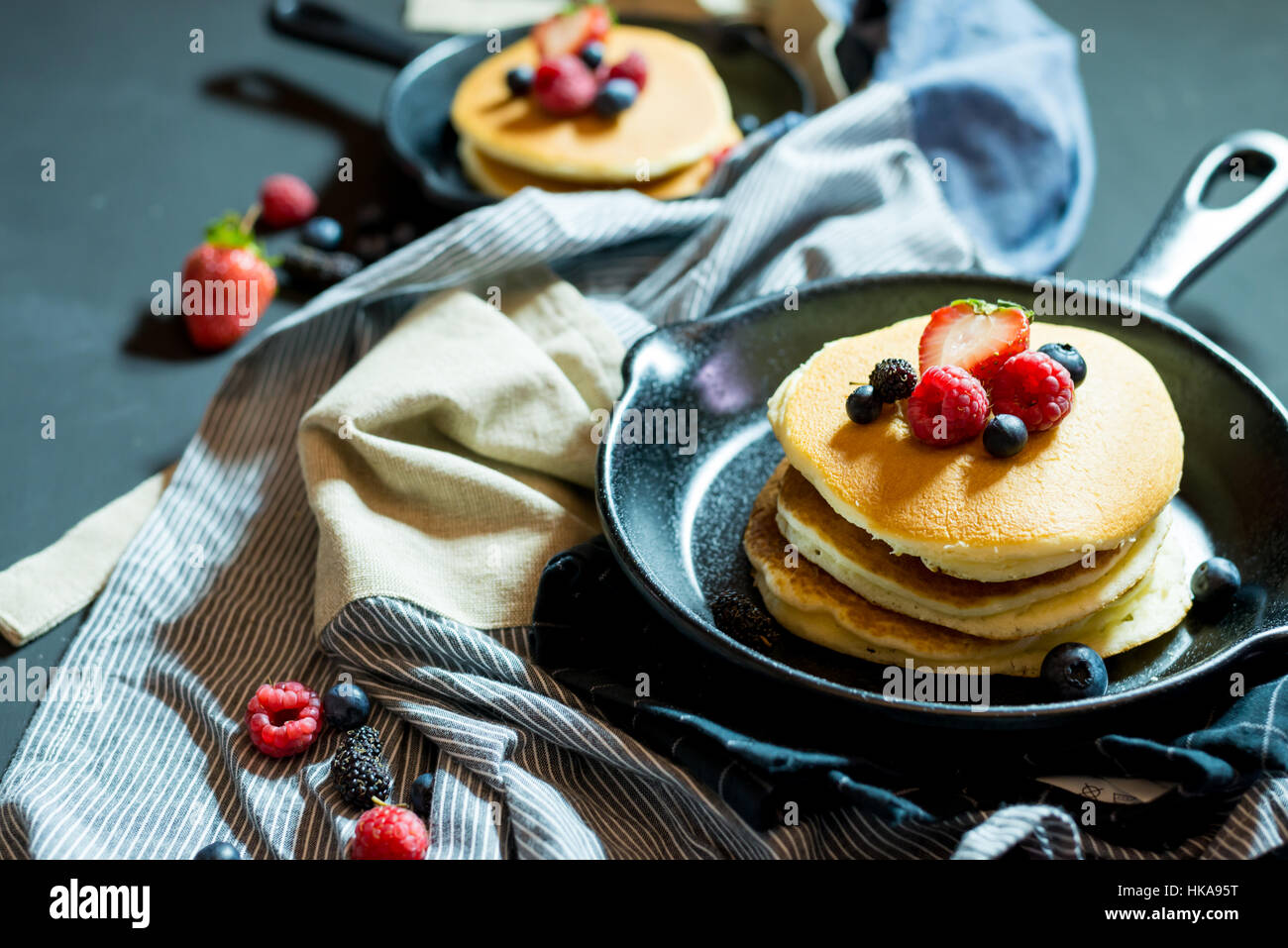 pancake with fresh fruit and berry stack on pan for breakfast bakery ...