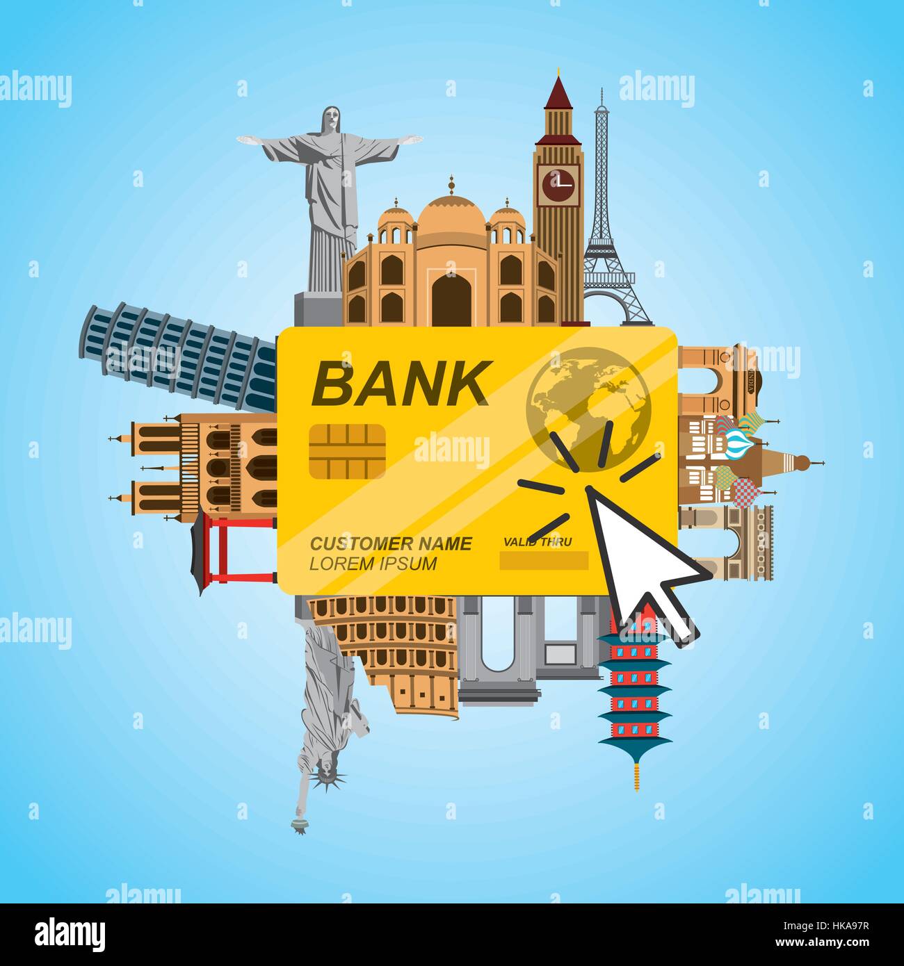 credit card with iconics monuments of the world around over blue ...