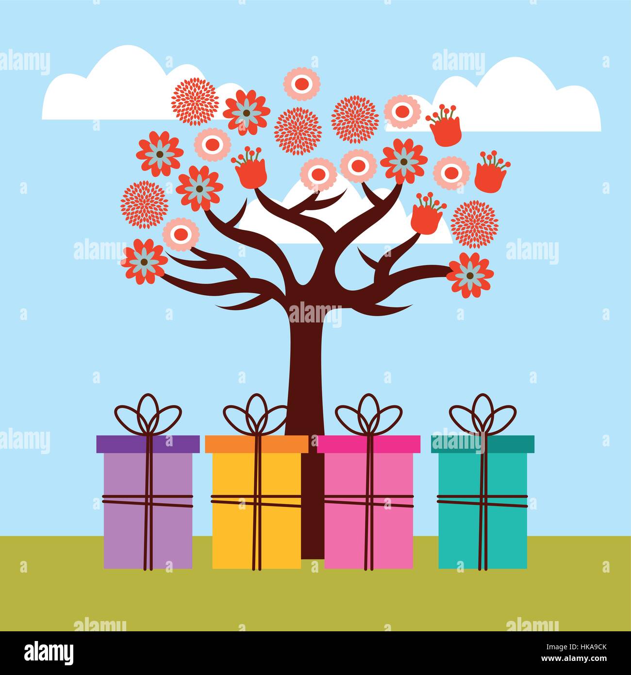 happy birthday card with tree and gift boxes icon. colorful design ...