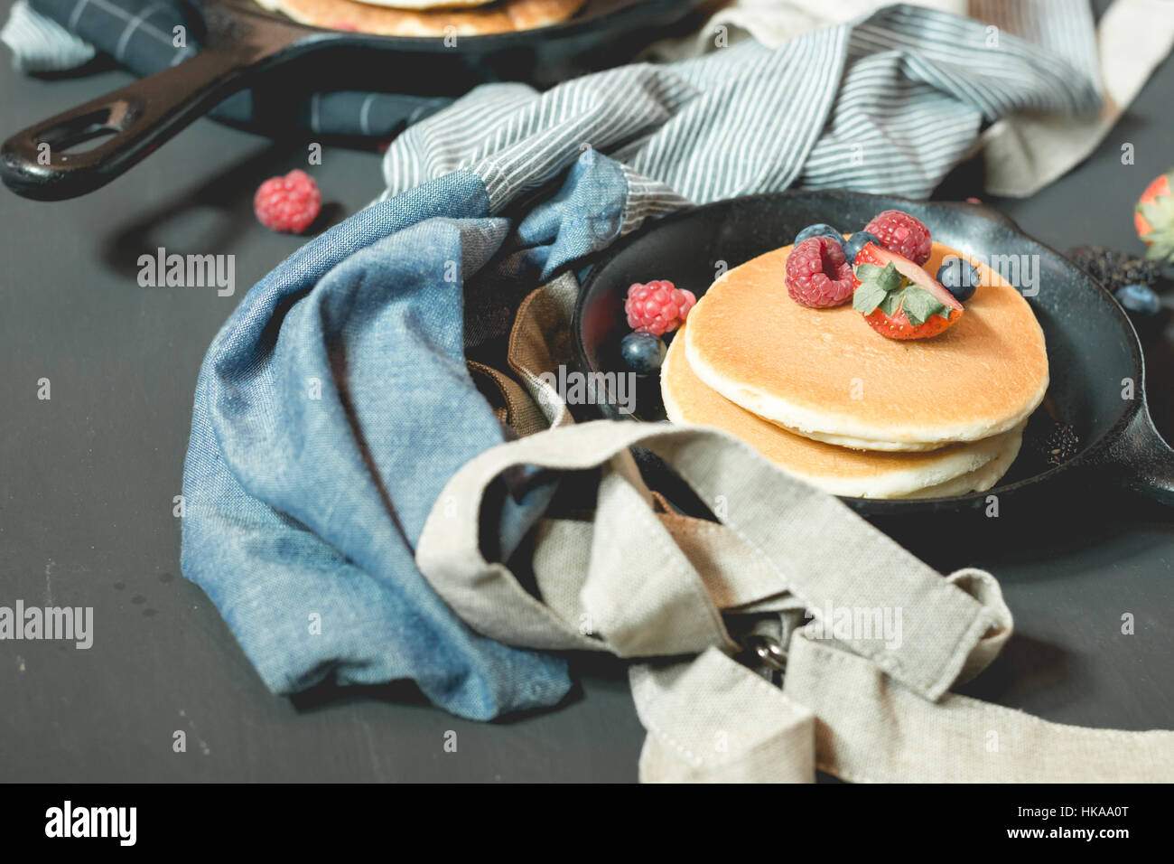pancake with fresh fruit and berry stack on pan for breakfast bakery ...
