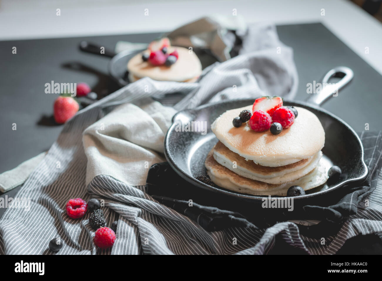 pancake with fresh fruit and berry stack on pan for breakfast bakery ...