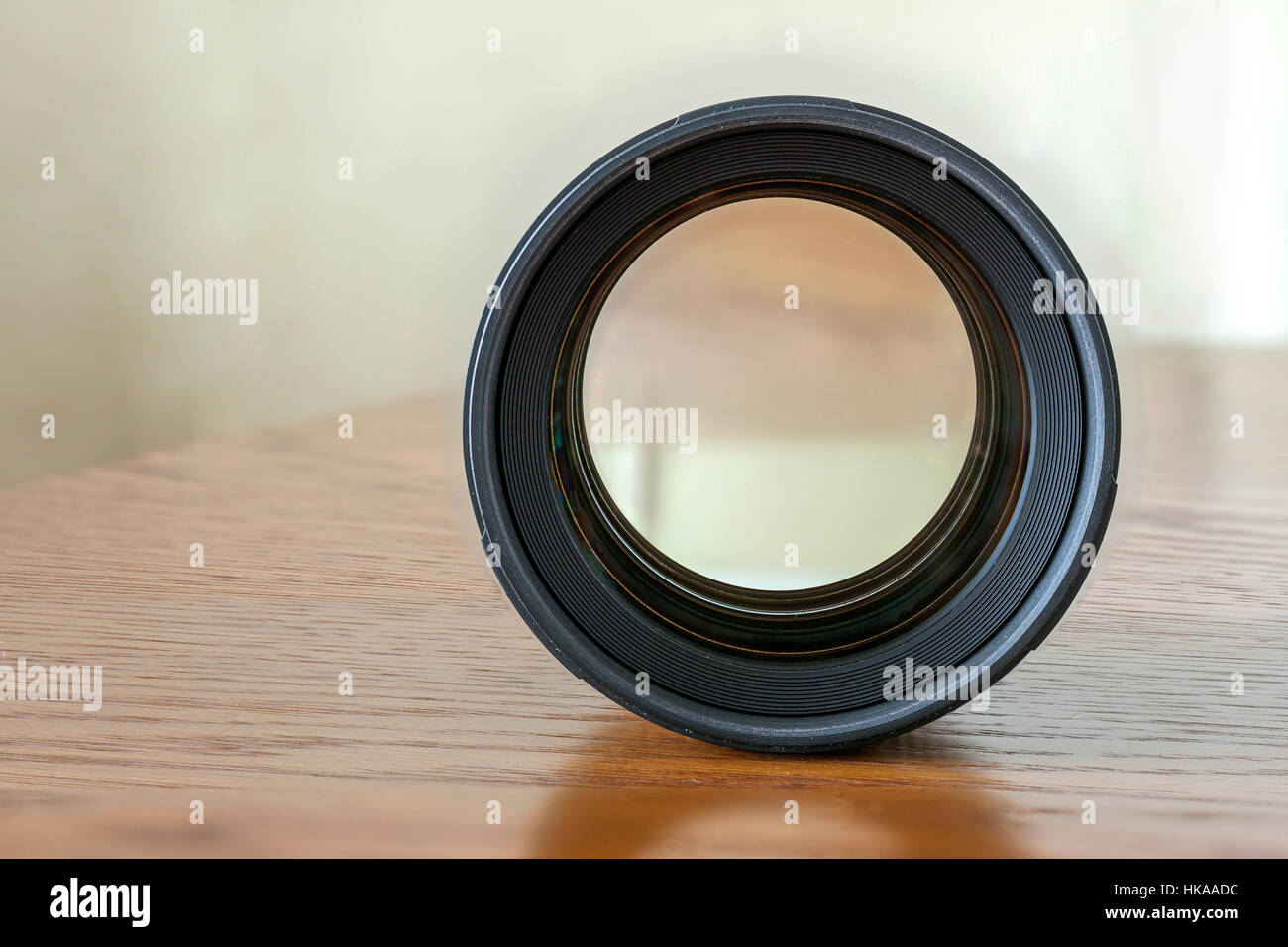 Camera portrait fix focus photo lens on dark wooden background Stock ...