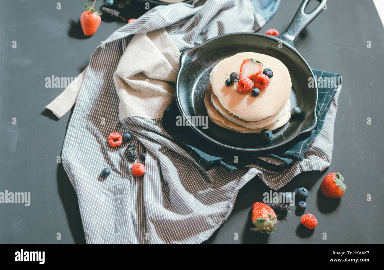 pancake with fresh fruit and berry stack on pan for breakfast bakery ...