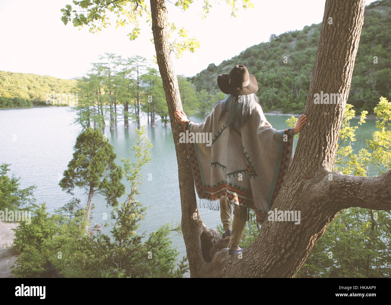 Young woman standing on a tree and staring at the lake Stock Photo - Alamy