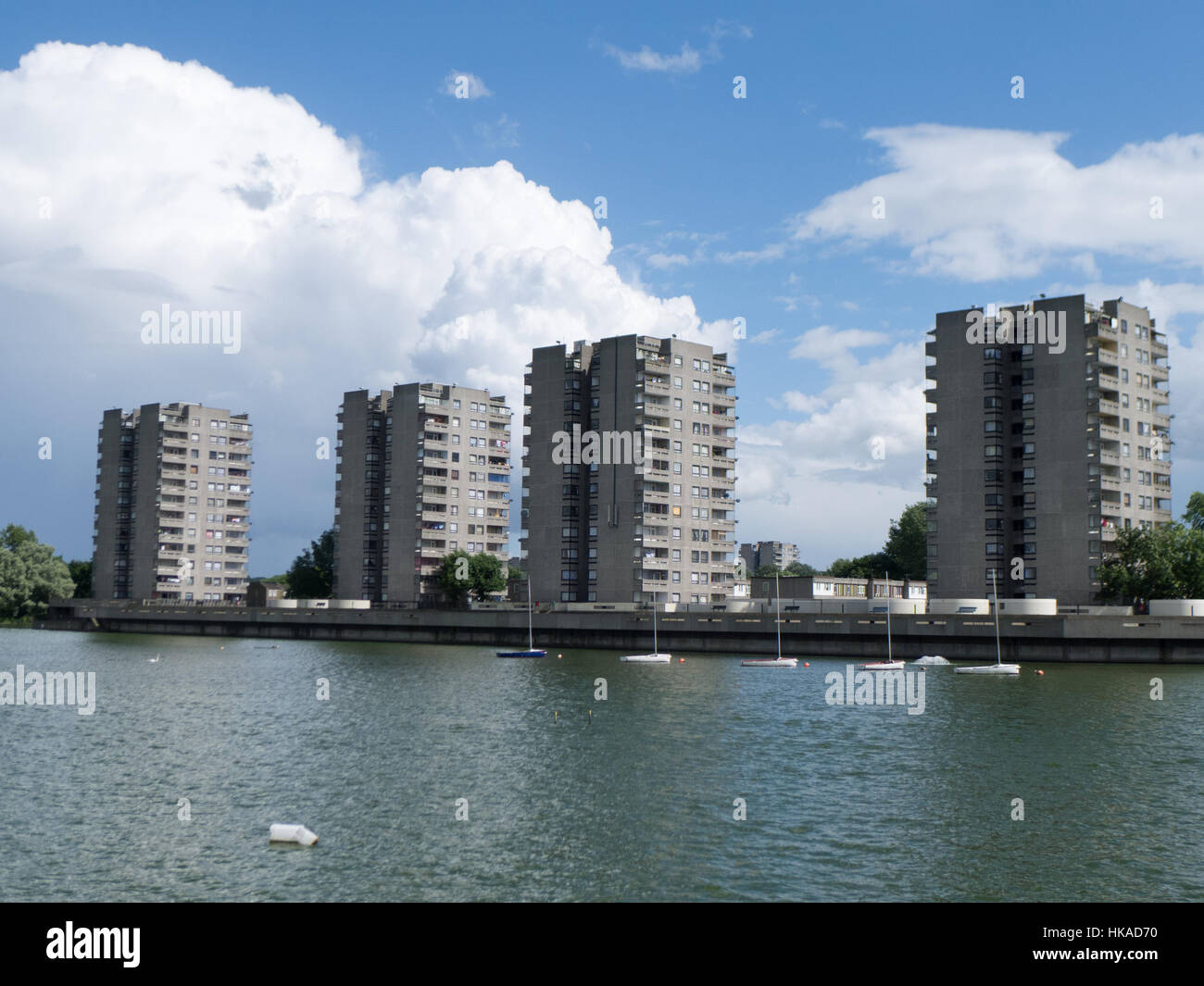 Thamesmead tower blocks and Southmere lake Stock Photo - Alamy