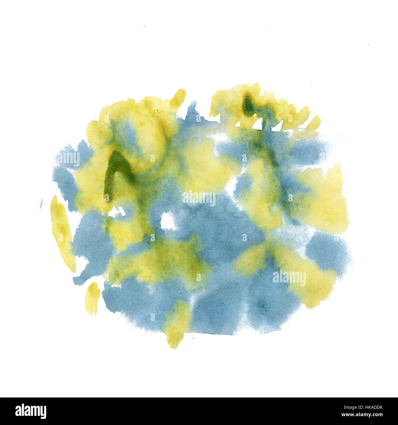 Watercolor blue yellow blobs on white background, abstract stains ...