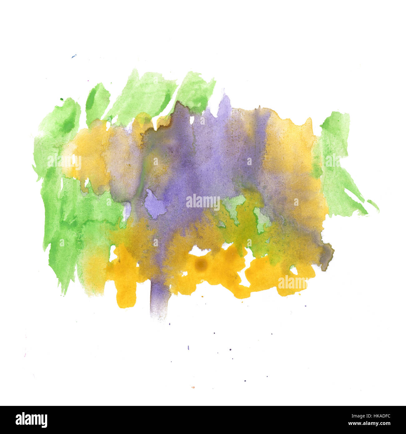 Watercolor white background, yellow green purple abstract stains ...