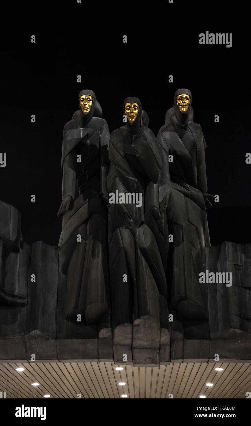National Drama Theatre in Vilnius. Statues of Three Muses on Lithuanian ...